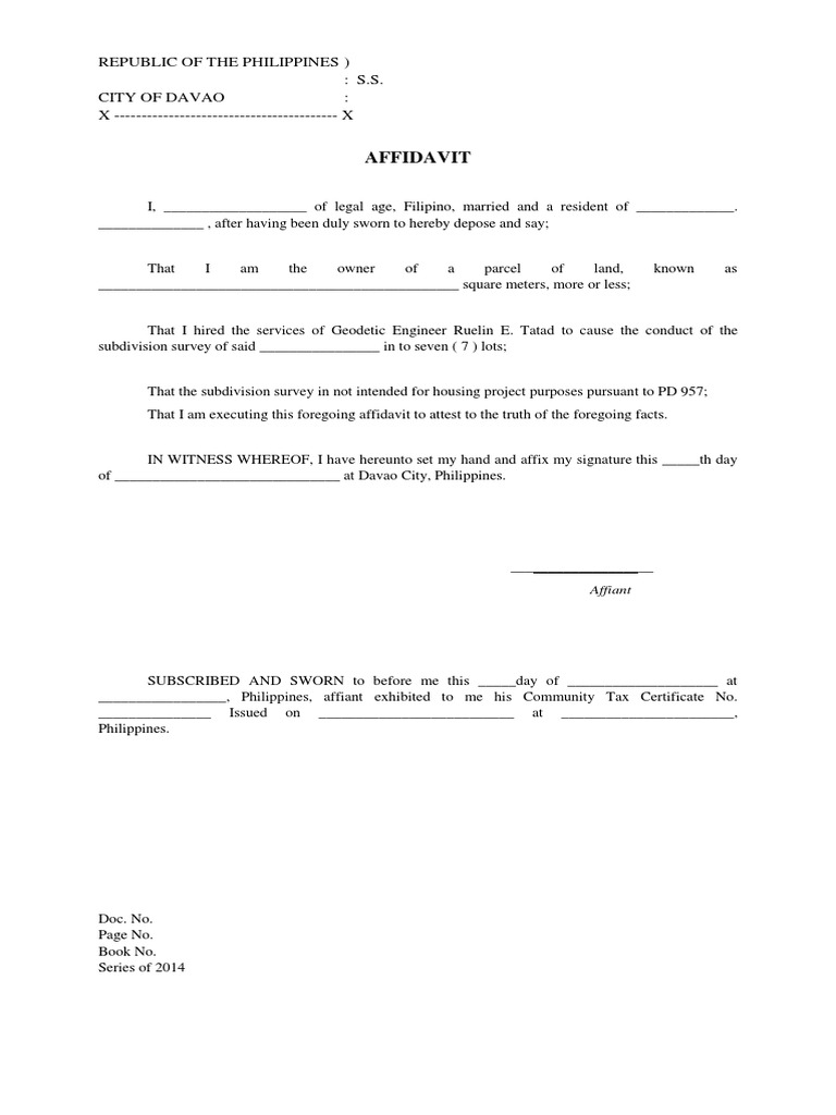 Affidavit Regarding the Subdivision of a Parcel of Land for Non-Housing ...
