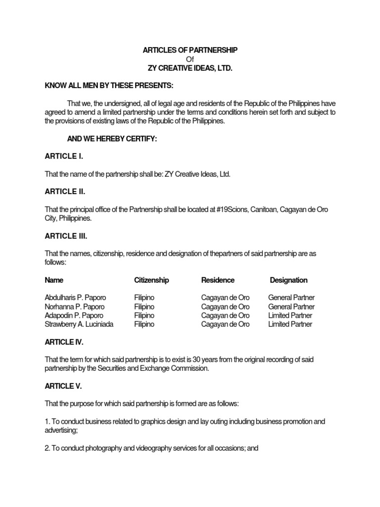Articles of Partnership | Download Free PDF | Partnership | Limited ...