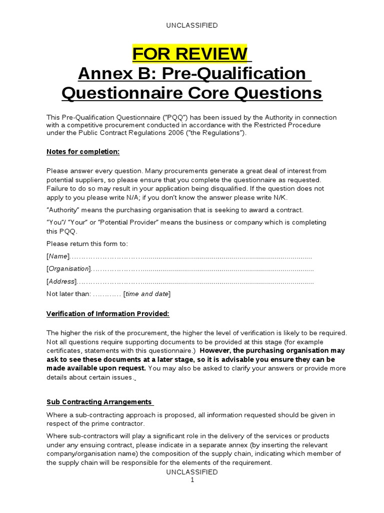 Pre-Qualification Questionnaire - REVIEW VERSION 24 JAN 14 | PDF ...