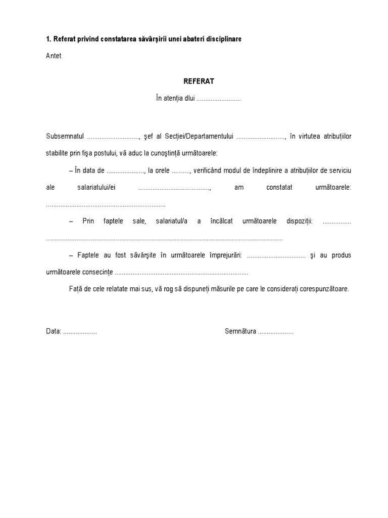 Model Referat Privind Savarsirea Unei Abateri Disciplinare