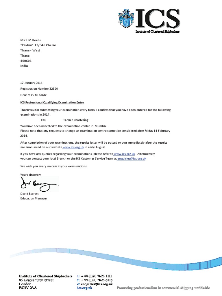 ICS Examination Registration Confirmation | PDF | Business
