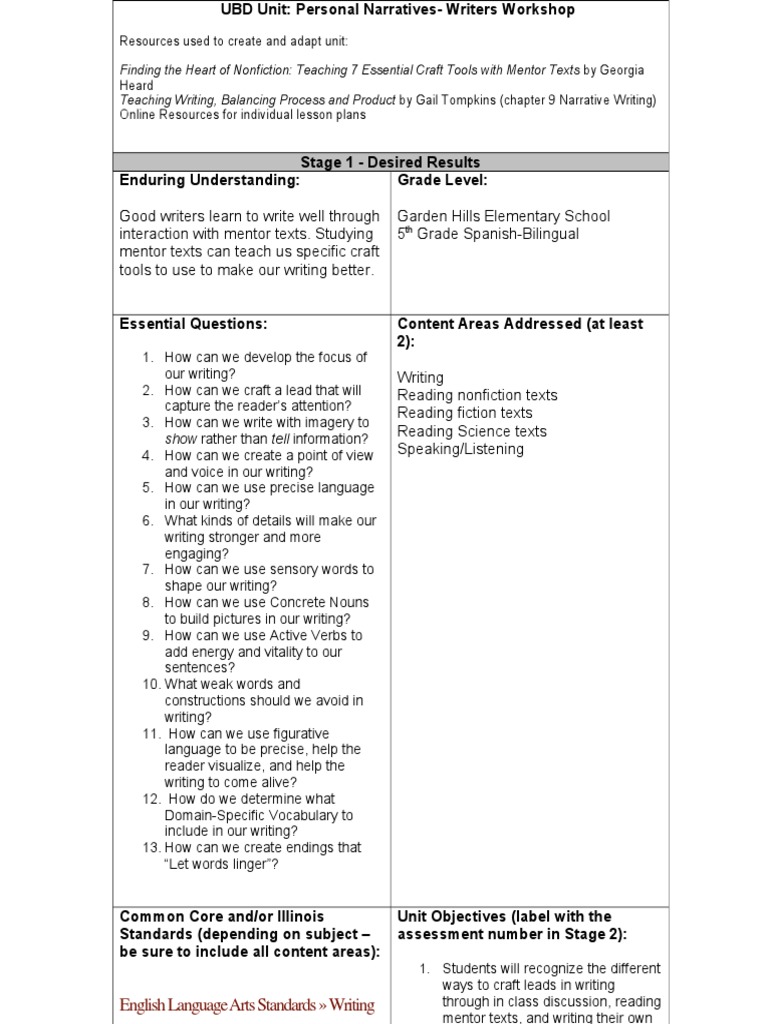 Ubd Personal Narratives Writers Workshop | PDF