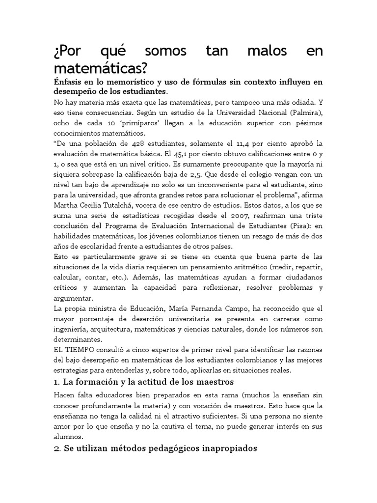 Por Qué Somos Tan Malos en Matemáticas | PDF Por Qué Somos Tan Malos en Matemáticas | PDF