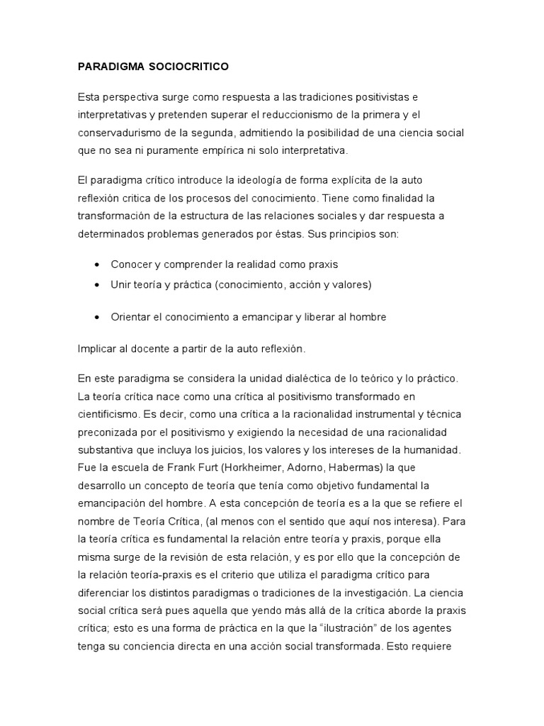 Paradigma Sociocritico | PDF | Paradigma | Conocimiento