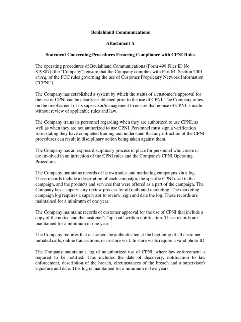 Cpni BLC 2014 | PDF | Federal Communications Commission | Customer ...