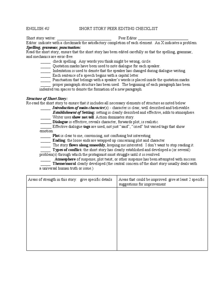 Short Story Peer Editing Checklist | PDF | Paragraph | Punctuation