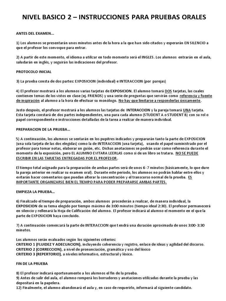 Instrucciones Oral NB2 | PDF | Maestros | Enseñando y aprendiendo