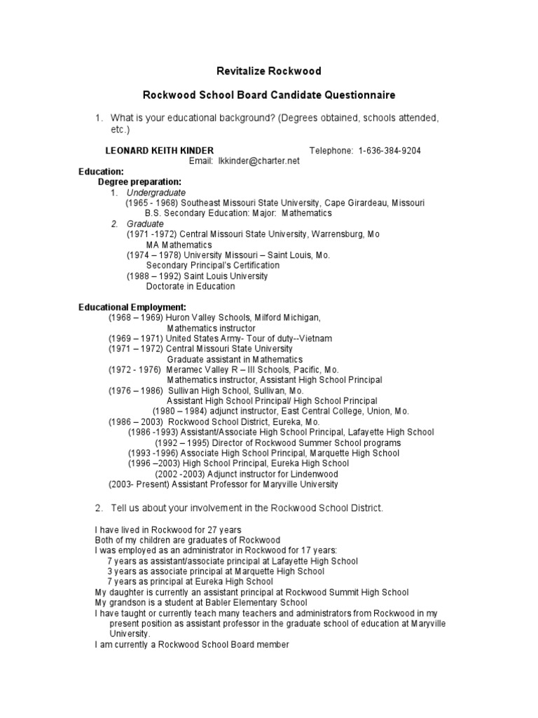 Rockwood School Board Candidate: Kinder | PDF | Board Of Directors ...