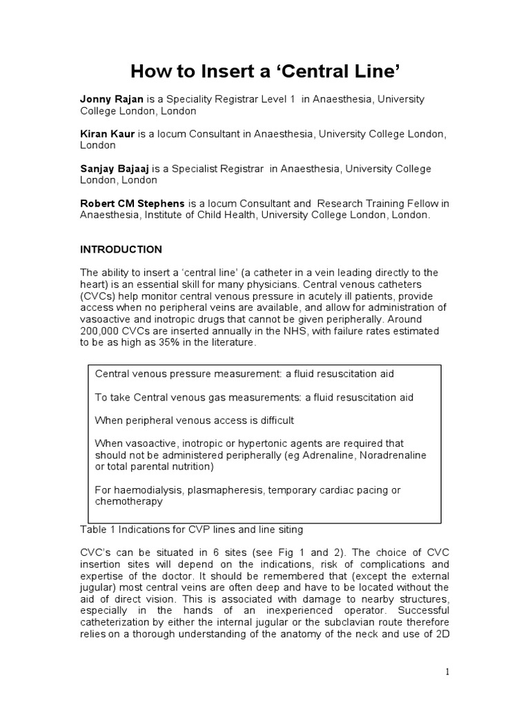How To Insert A Central Line' | PDF | Heart | Clinical Medicine