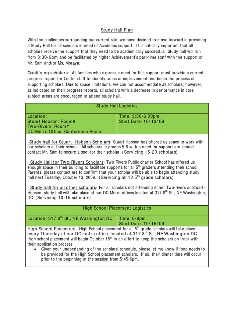 Study Hall Plan | PDF