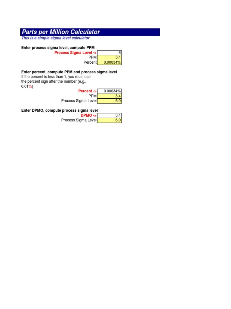 Parts Per Million Calculator: Process Sigma Level | PDF