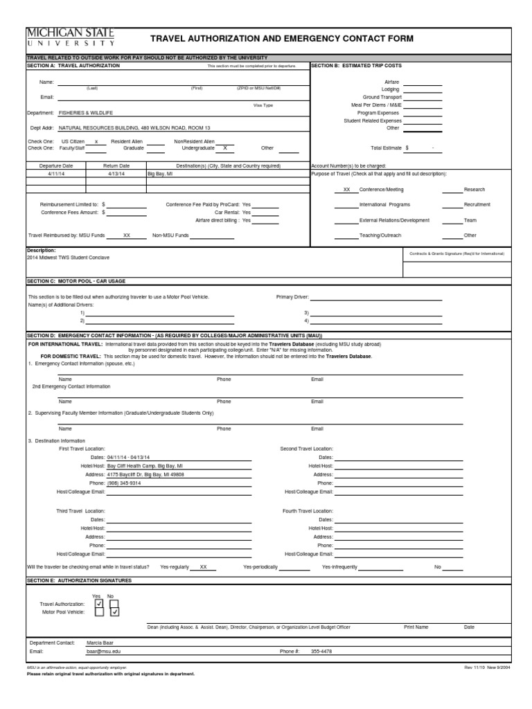 Travel Authorization & Emergency Contact Form | PDF | Per Diem ...