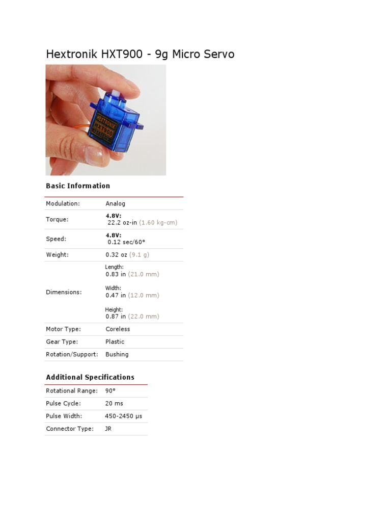 Hextronik HXT900 - 9g Micro Servo: Basic Information | PDF ...