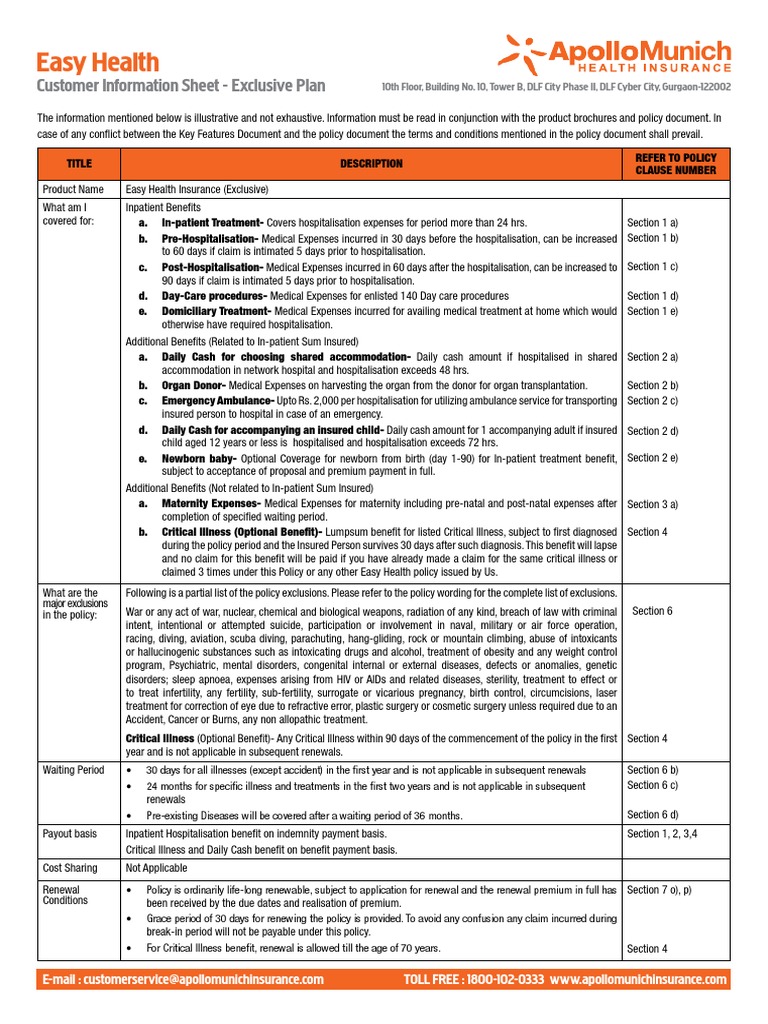 Easy Health Insurance Customer Information Sheet With Policy Wordings ...