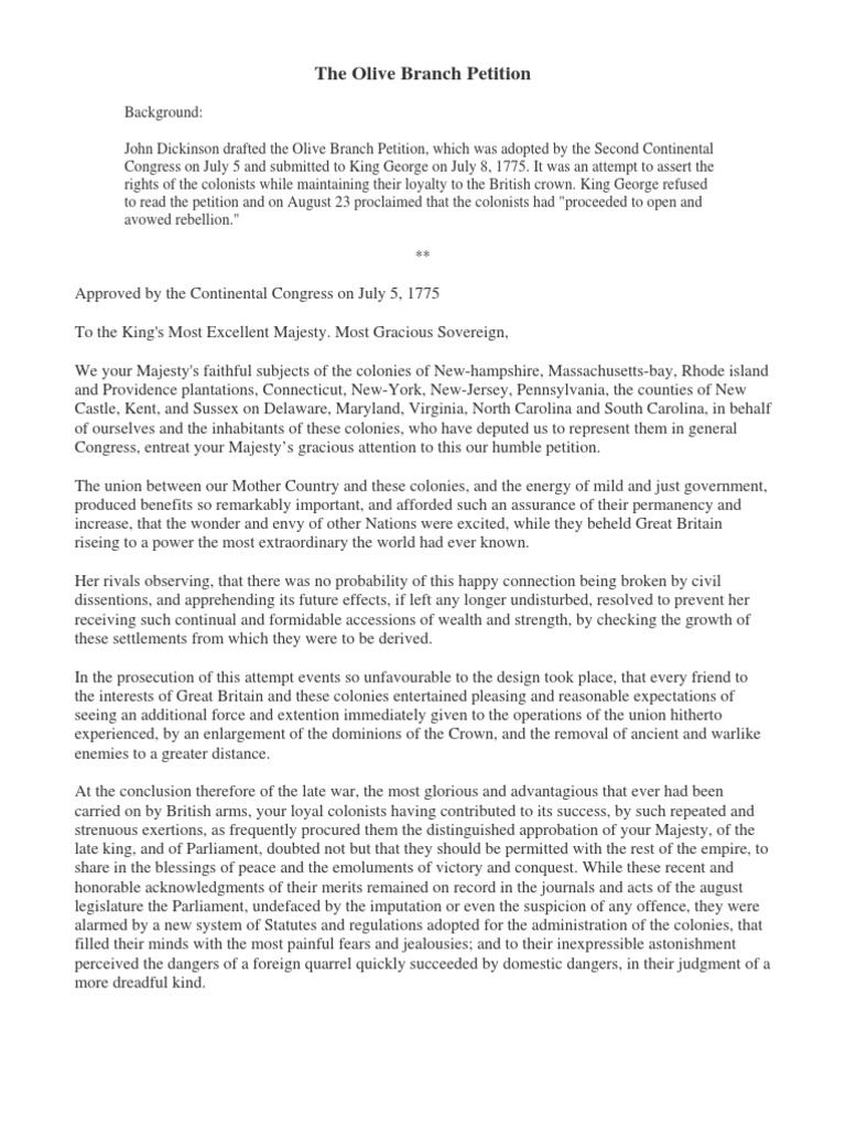 The Olive Branch Petition | PDF | British Empire
