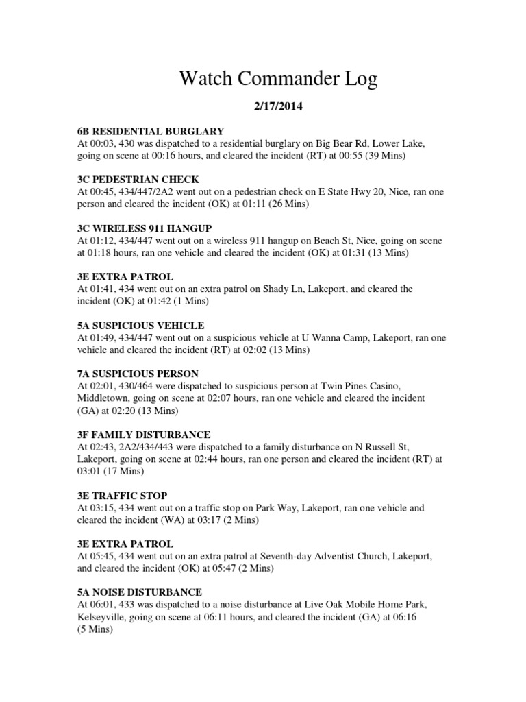 Lake County Sheriff's Watch Commander Logs | PDF | Land Transport ...