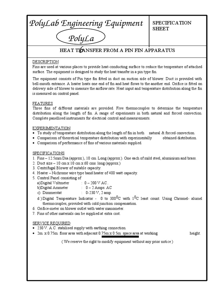 Polylab Engineering Equipment Polyla B: Specification Sheet | PDF ...
