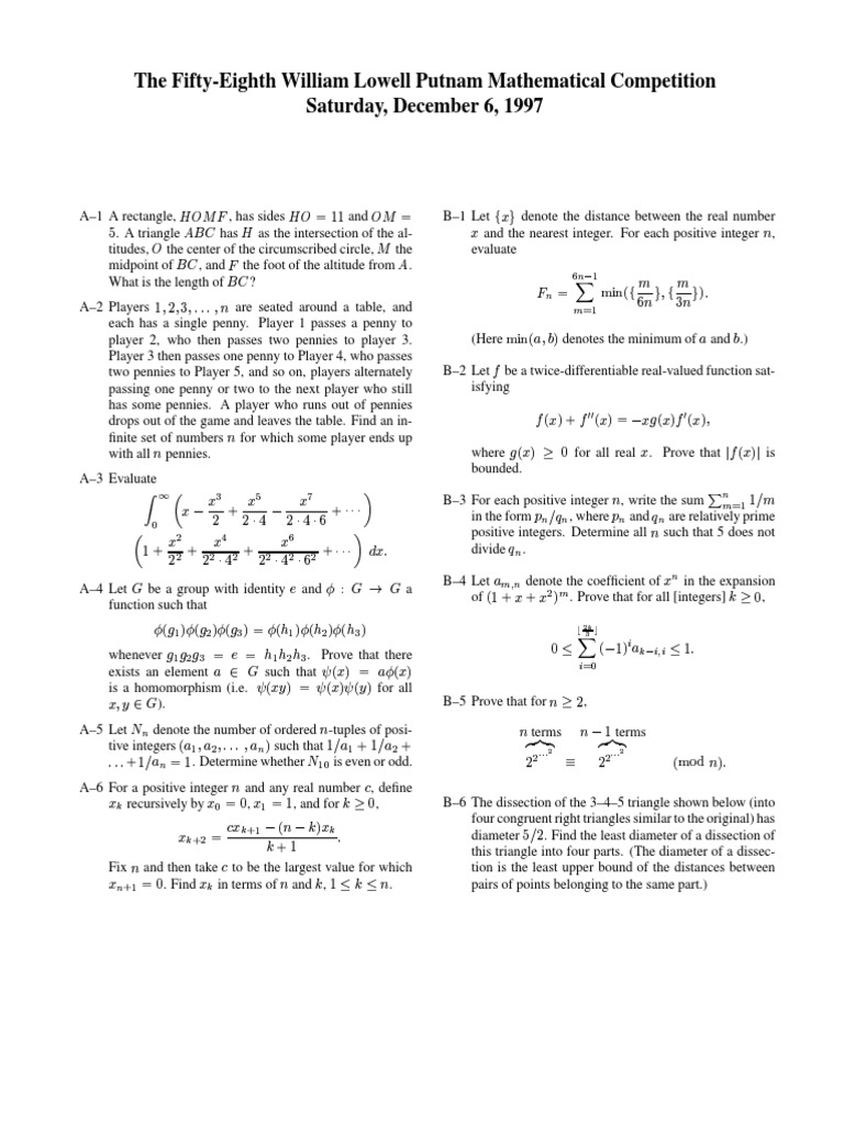 1997, Putnam Competition, Mathematics | PDF | Euclidean Plane Geometry ...