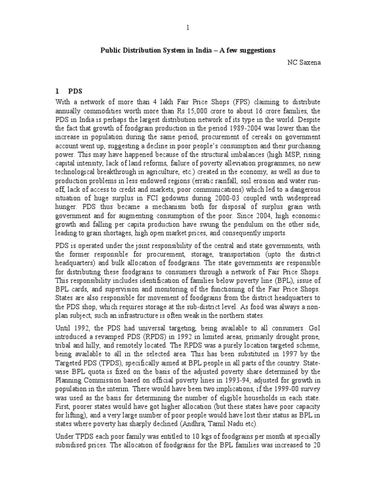 Public Distribution System in India - A Few Suggestions | PDF ...