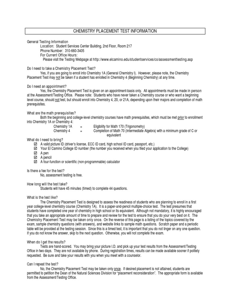 Information Sheet Chemistry Placement Test | PDF | Chemical Equilibrium ...