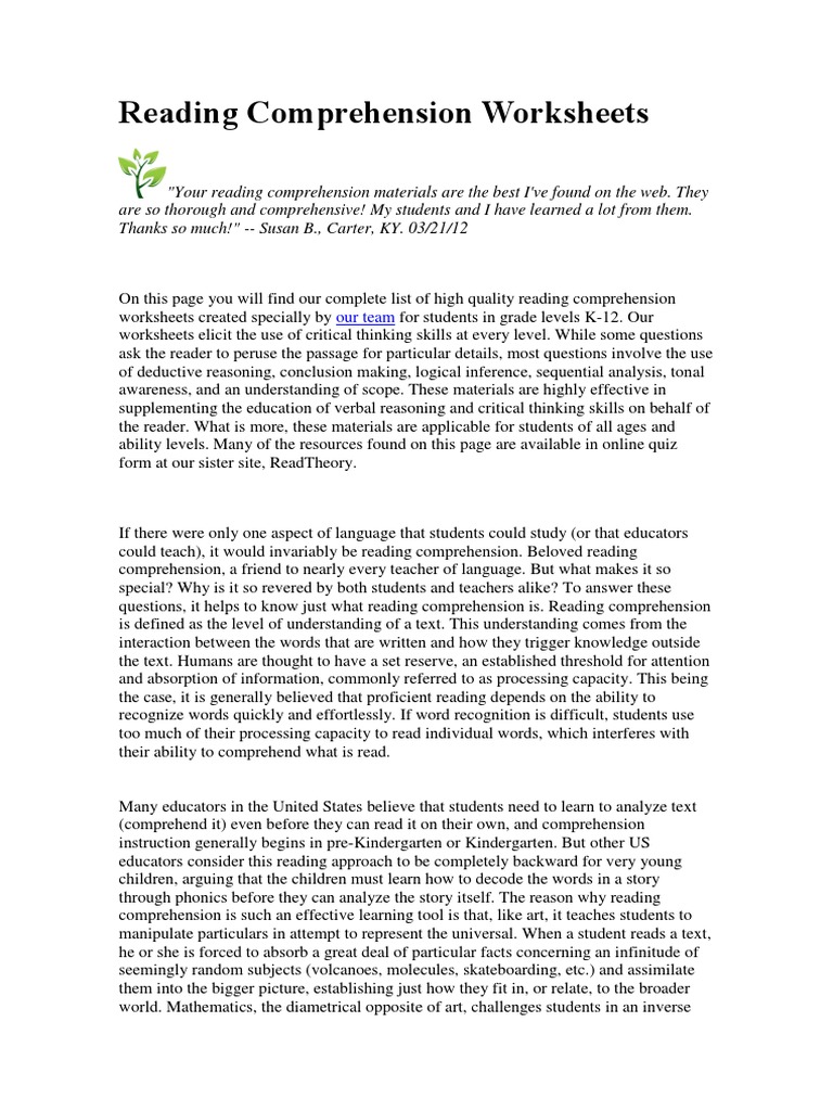 Reading Comprehension Worksheets | PDF | Reading Comprehension ...