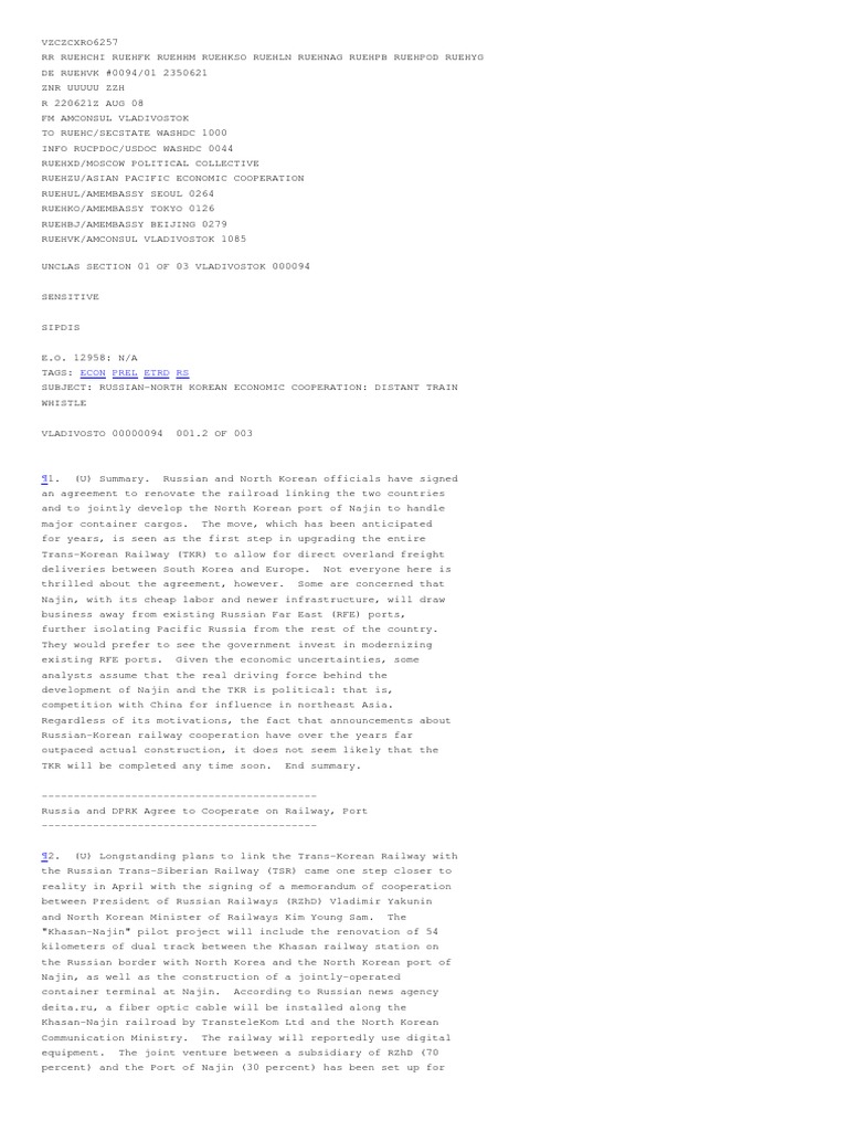 Russian-DPRK Agreement On Transport Cooperation | PDF ...