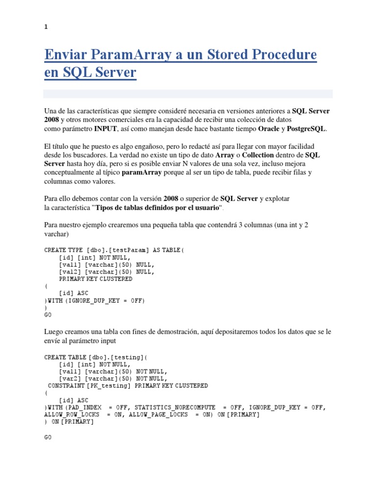 Enviar ParamArray A Un Stored Procedure en SQL Server | PDF | Tabla (base de datos) | Servidor ...
