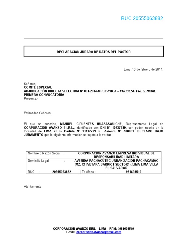 Declaración Jurada de Datos Del Postor 1 | PDF