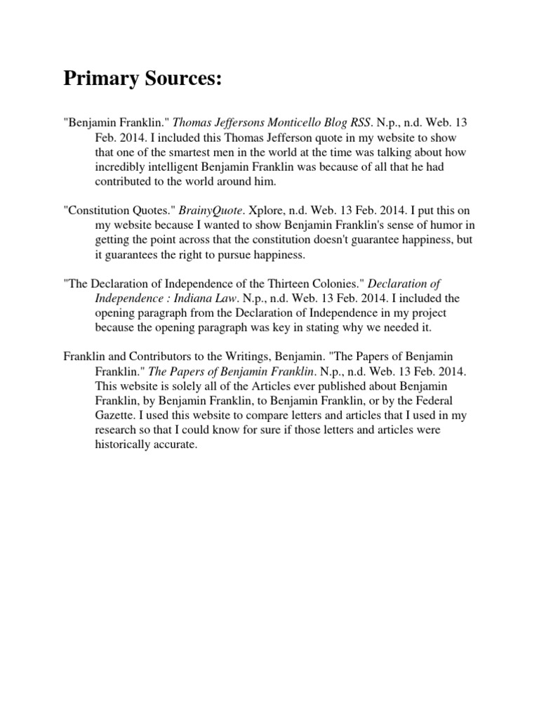 NHD Annotated Bibliography | PDF | Benjamin Franklin | Thomas Jefferson