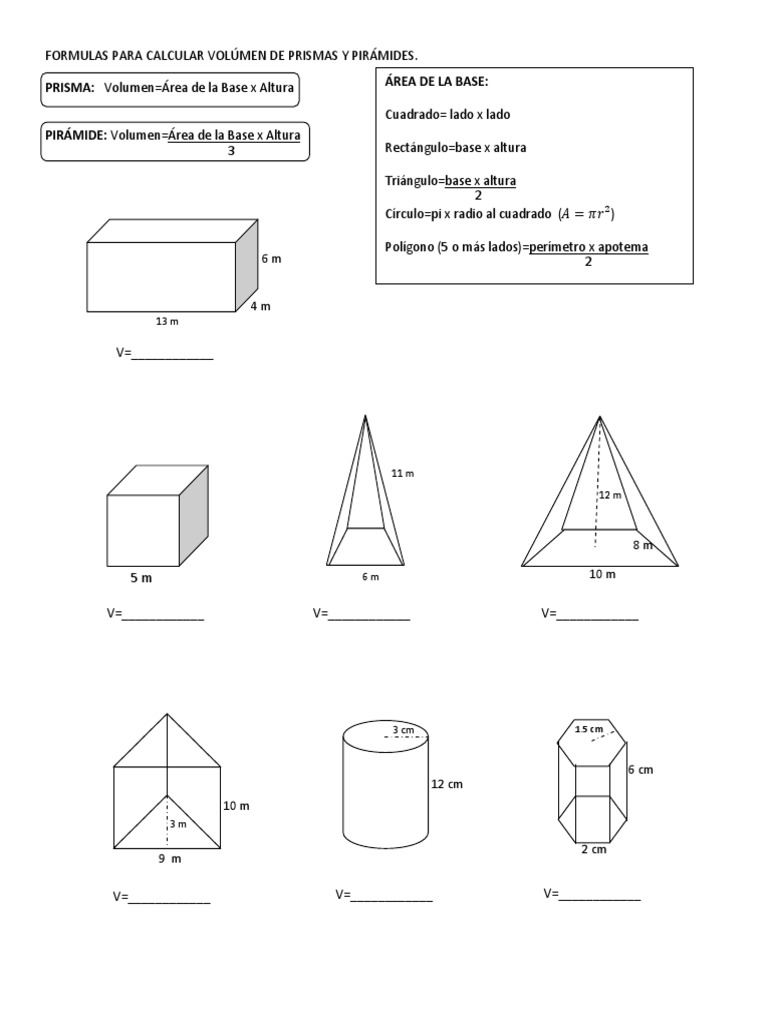 FORMULAS PARA CALCULAR VOLÚMEN DE PRISMAS Y PIRÁMIDES