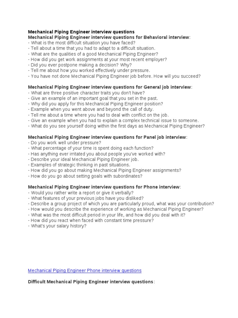 Mechanical Piping Engineer Interview Questions | PDF | Job Interview ...