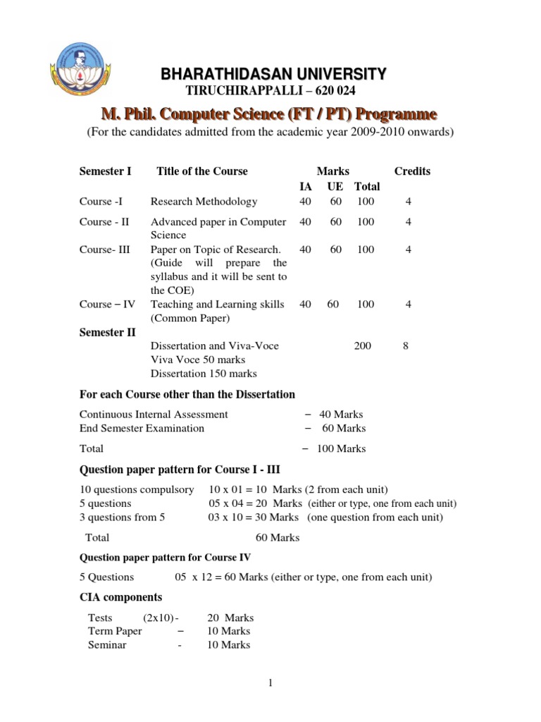 Bharathidasan University M.Phil. Computer Science Programme | PDF | Educational Technology | Thesis