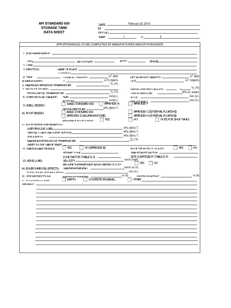 API 650 Storage Tank Data Sheet | PDF | Roof | Mechanical Engineering
