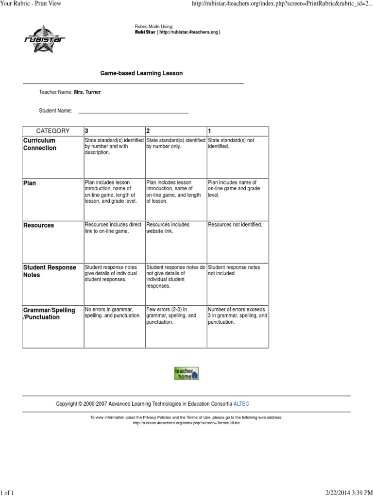 Game-Based Learning Rubric CIED7601 | PDF