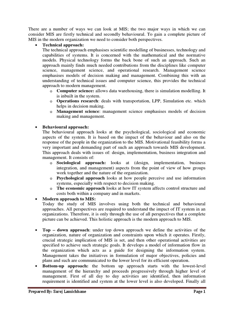 Approaches To MIS | PDF | System | Management Information System