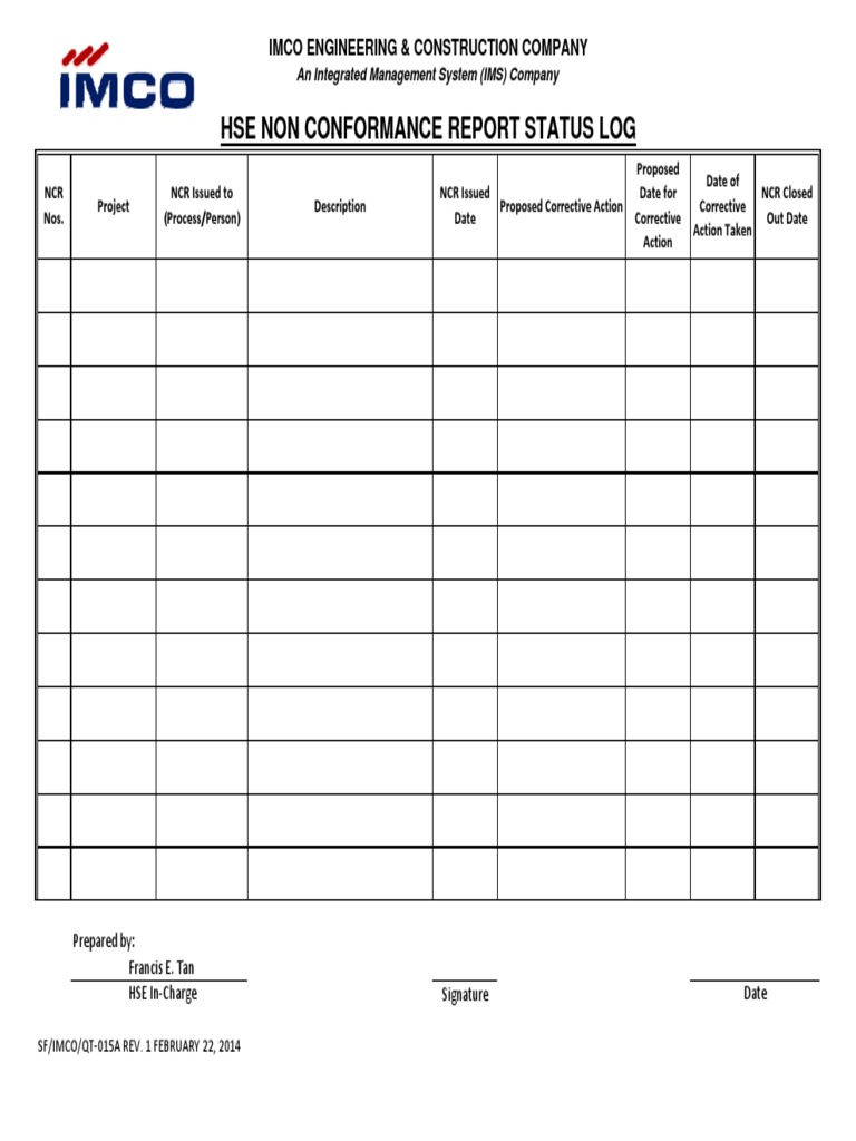 HSE Non Compliance Report Log Sheet | PDF | Technology & Engineering