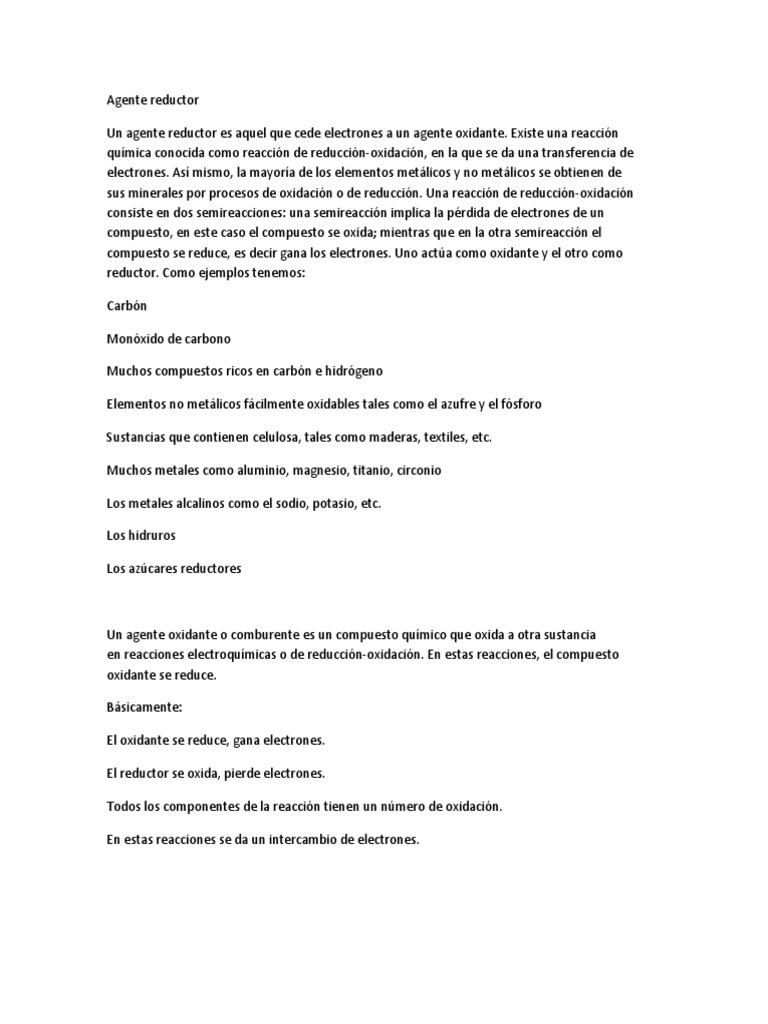 Agente Reductor | PDF | Redox | Elementos químicos