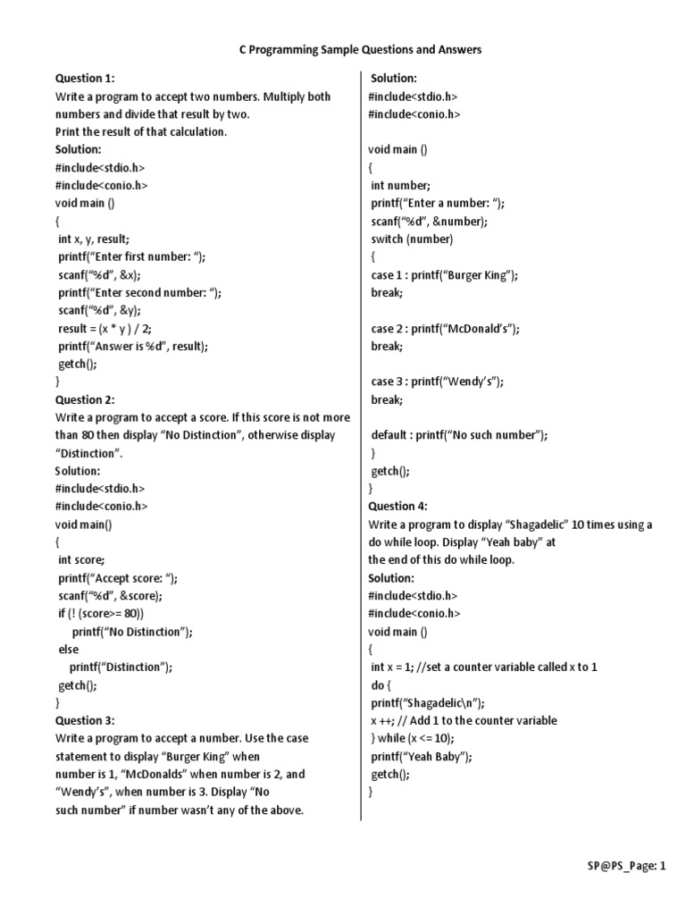 C Programming Sample Questions And Answers For Secondary Level Pdf