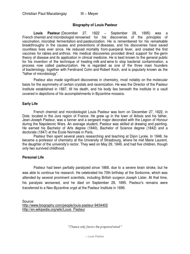 Biography of Louis Pasteur | PDF | Louis Pasteur | Health Sciences