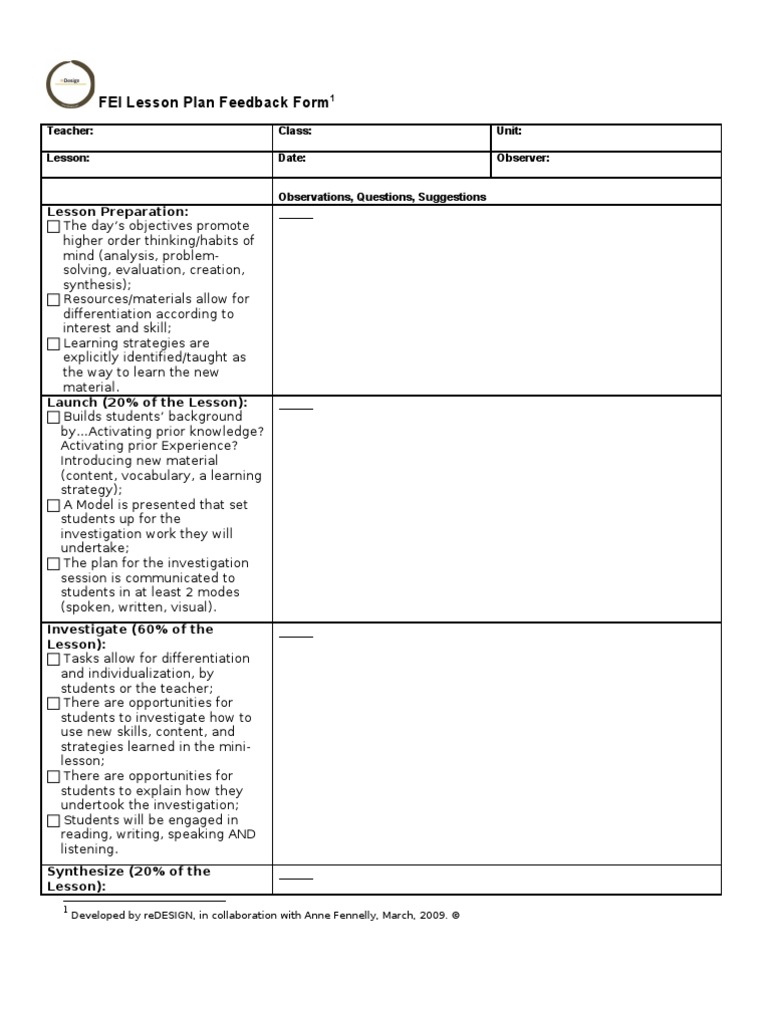 FEI Lesson Plan Feedback - Form1 | PDF