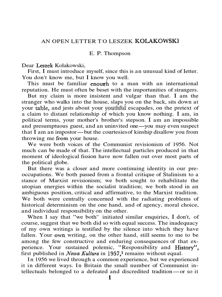 Thompson EP - An Open Letter To Leszek Kolakowski | PDF | Social Science