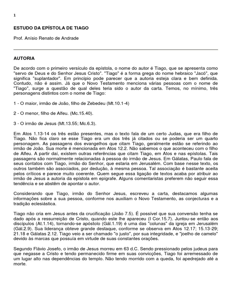 Estudo Da Epístola de Tiago | PDF | Apóstolo Paulo | Atos dos apóstolos Estudo Da Epístola de Tiago | PDF | Apóstolo Paulo | Atos dos apóstolos