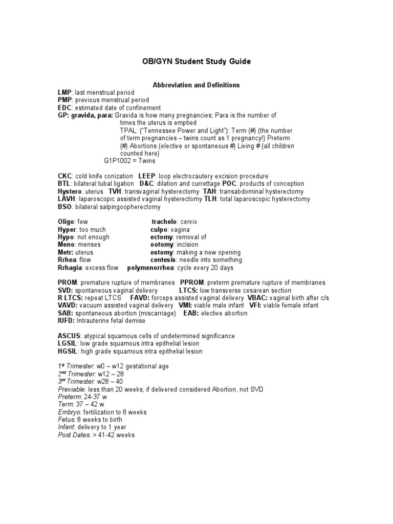 OB/GYN Student Study Guide Abbreviations and Definitions | PDF ...