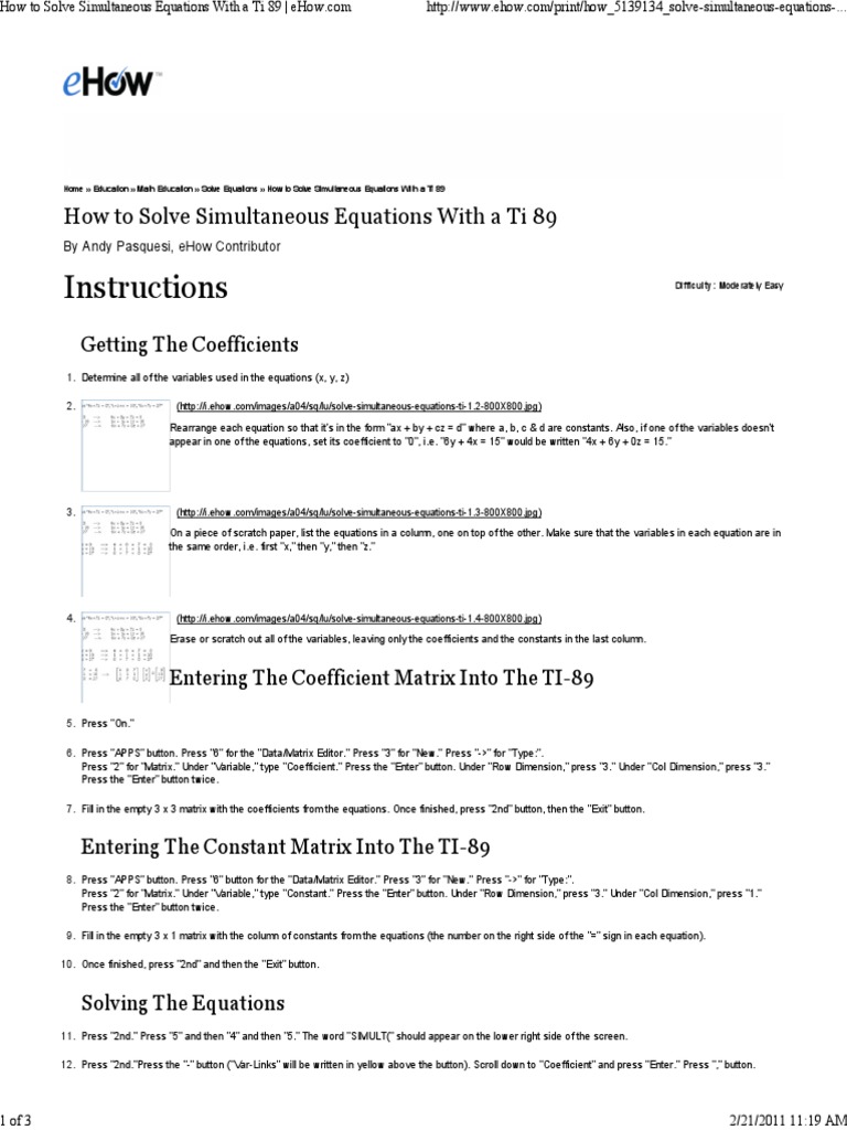 How To Solve Simultaneous Equations With A Ti 89 - Ehow | PDF | Matrix ...