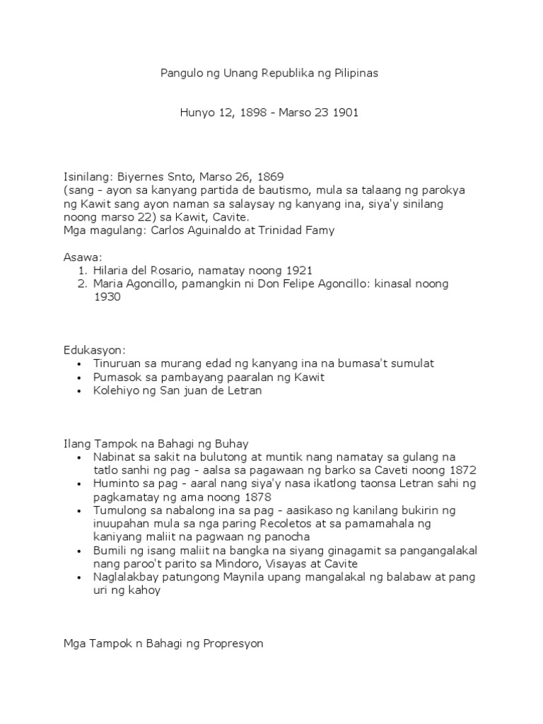 Pangulo NG Unang Republika NG Pilipinas | PDF