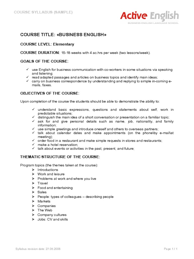 Business English Elementary | PDF | Homework | Syllabus