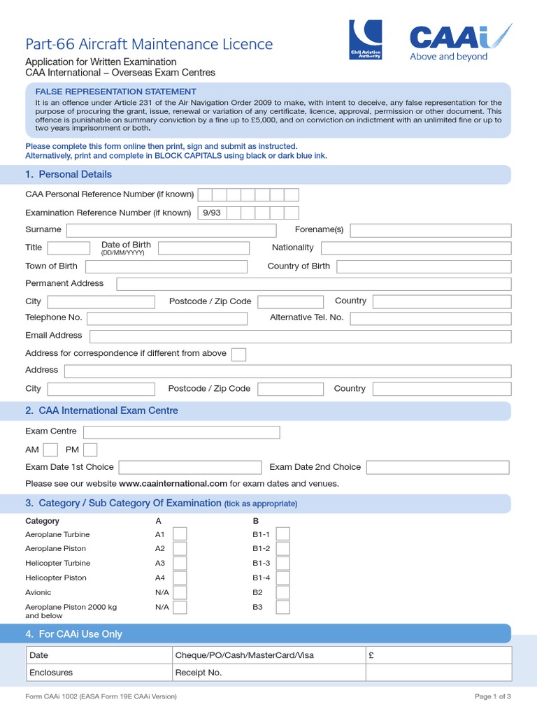 Easa Part 66 Exam Application Form | Payments | Debit Card