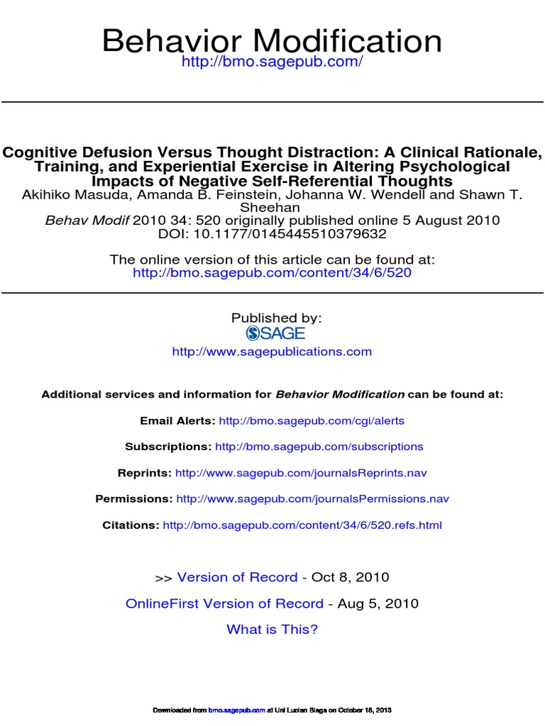 Cognitive Defusion Versus Thought Distraction | PDF | Effect Size ...