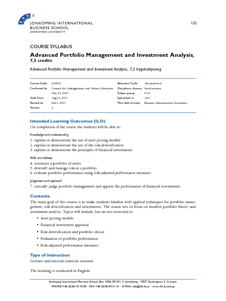 Advanced Portfolio Management and Investment Analysis: Course Syllabus ...