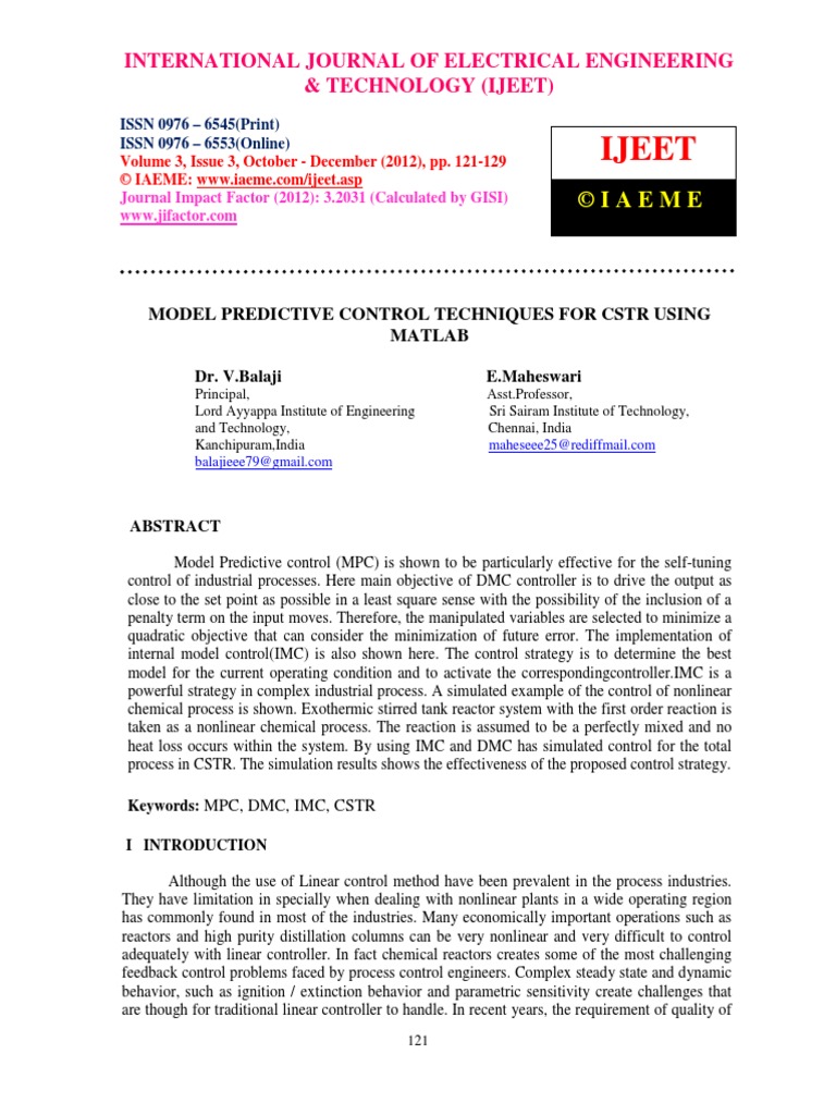 Model Predictive Control Techniques For Cstr Using Matlab Pdf Systems Theory Teaching
